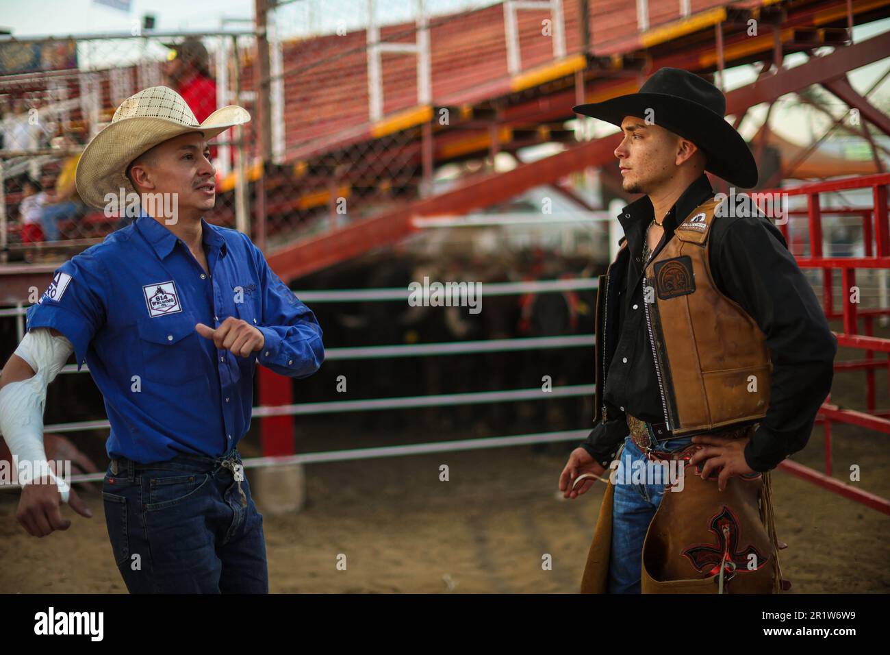 Cowboys, during the rodeo circuit at the Expo Ganadera de Sonora, on ...