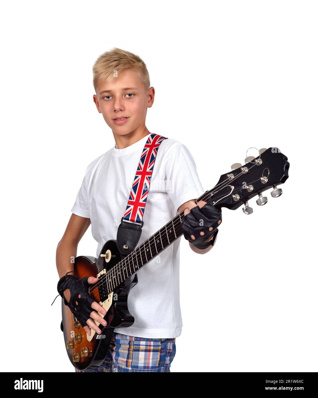 young rocker boy with guitar isolated on white background Stock Photo ...