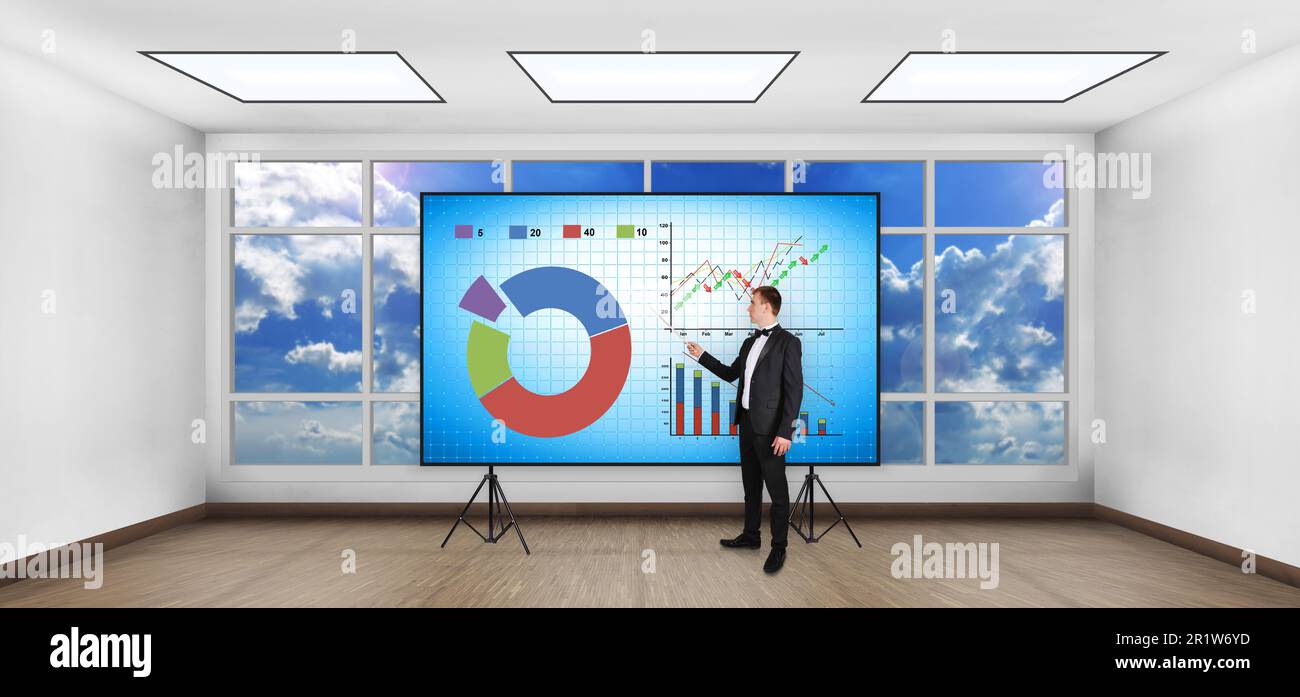 businessman with pointer showing stock chart on screen Stock Photo - Alamy