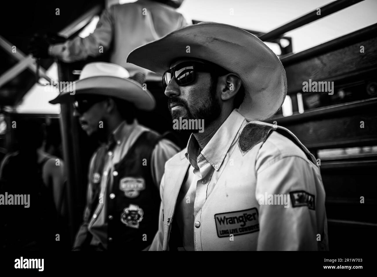 Cowboys, during the rodeo circuit at the Expo Ganadera de Sonora, on ...