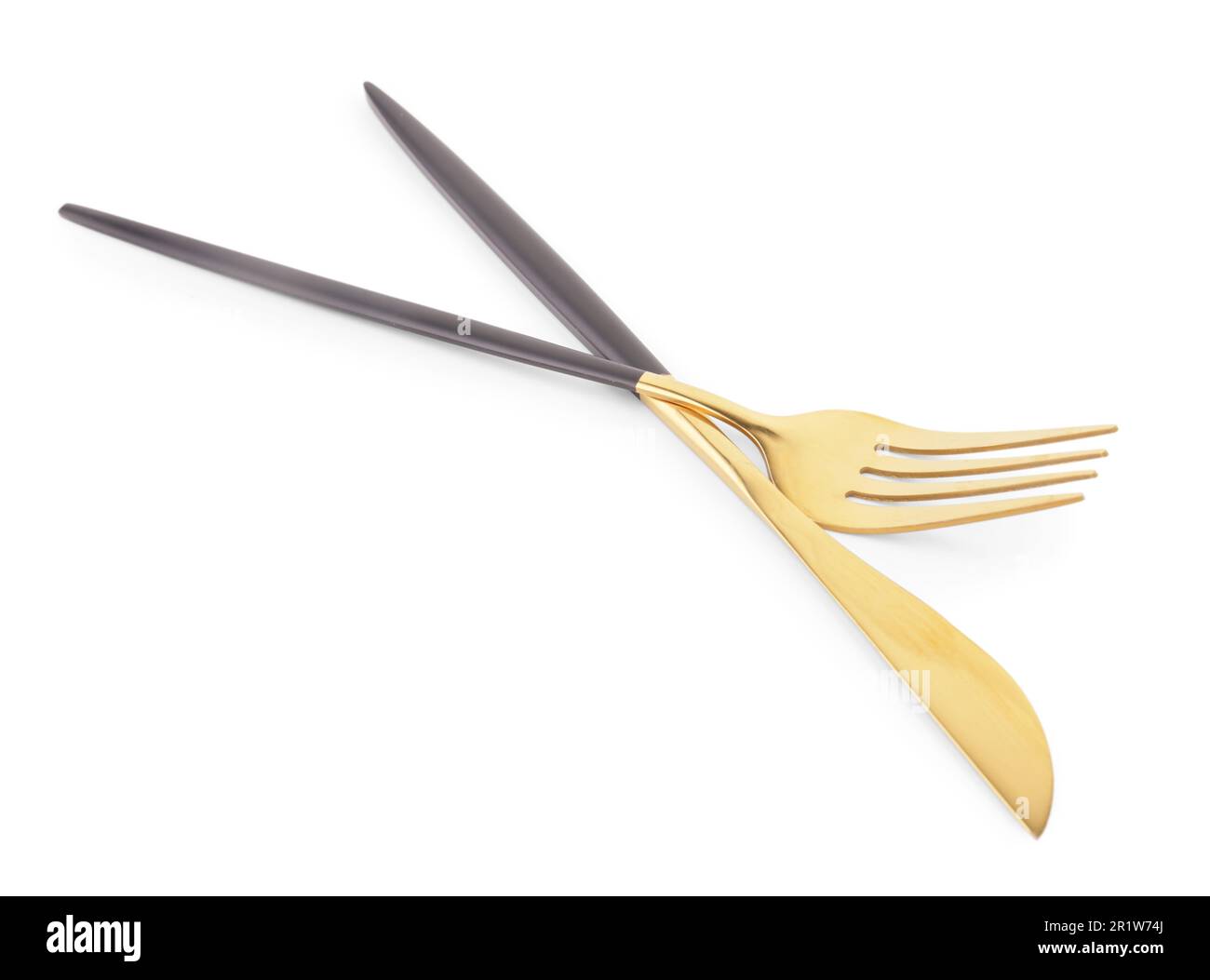 Golden fork and knife with black handles on white background Stock ...