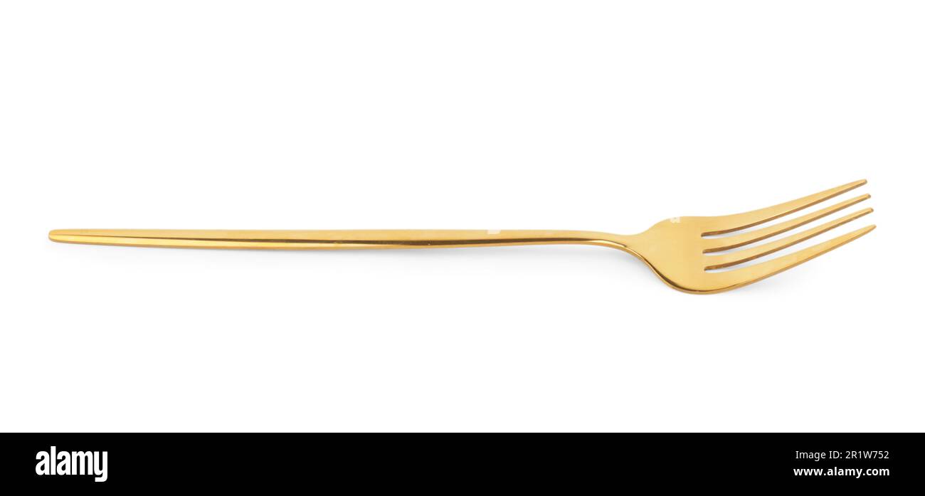 Golden fork on white background Stock Photo - Alamy