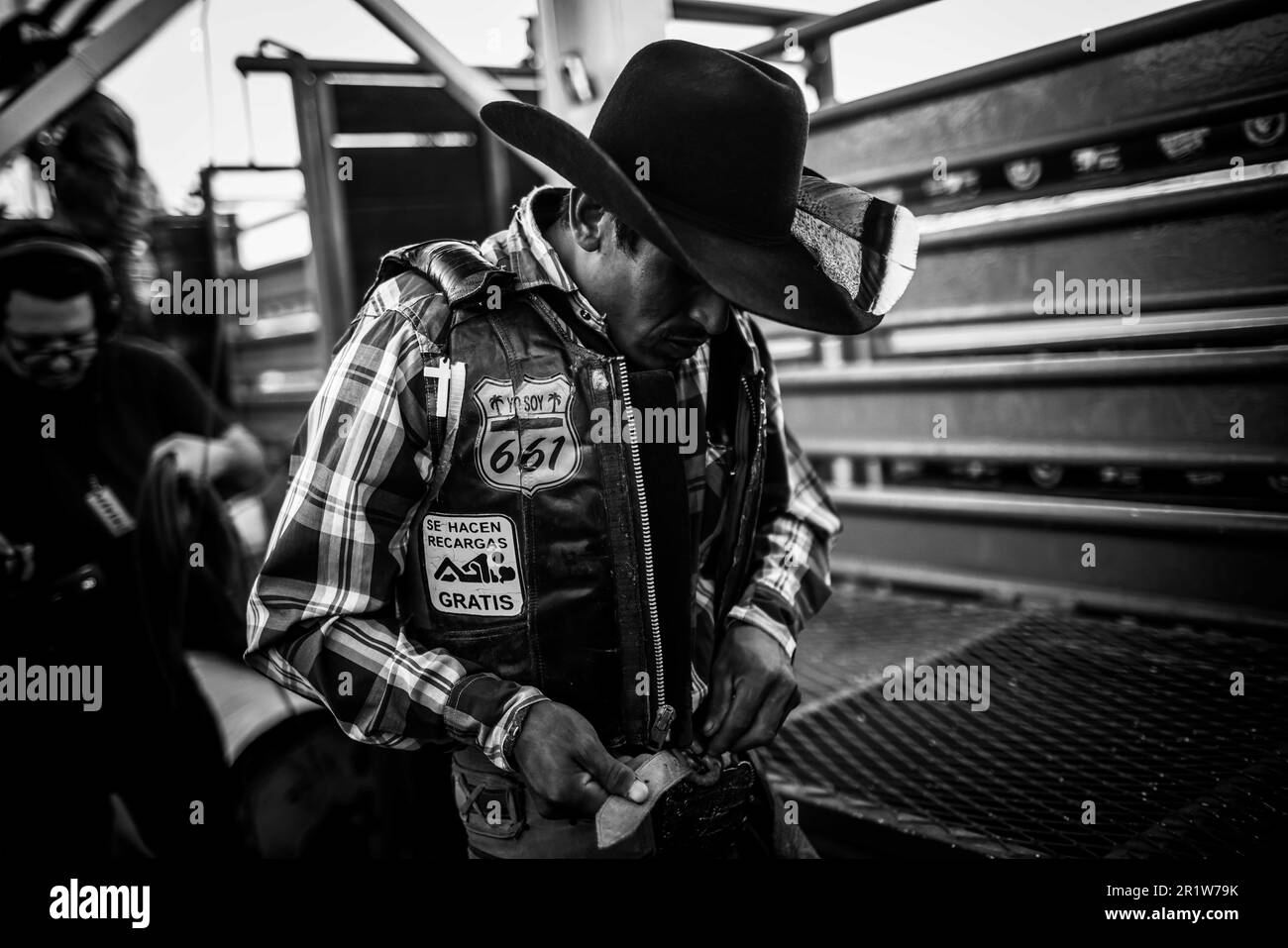 Cowboys, during the rodeo circuit at the Expo Ganadera de Sonora, on ...