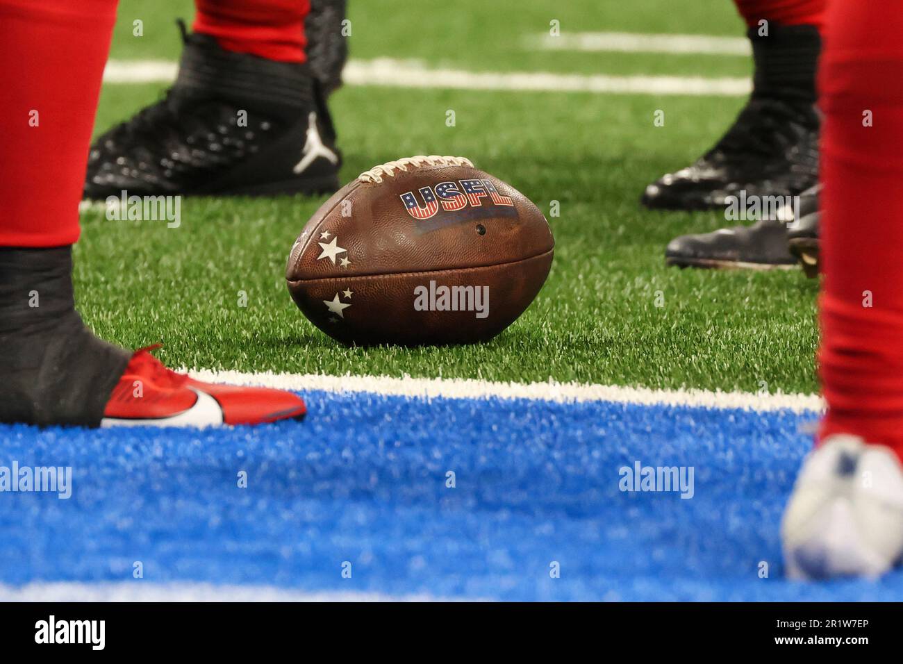 DETROIT, MI - MAY 14: The game football with the USFL logo is seen ...
