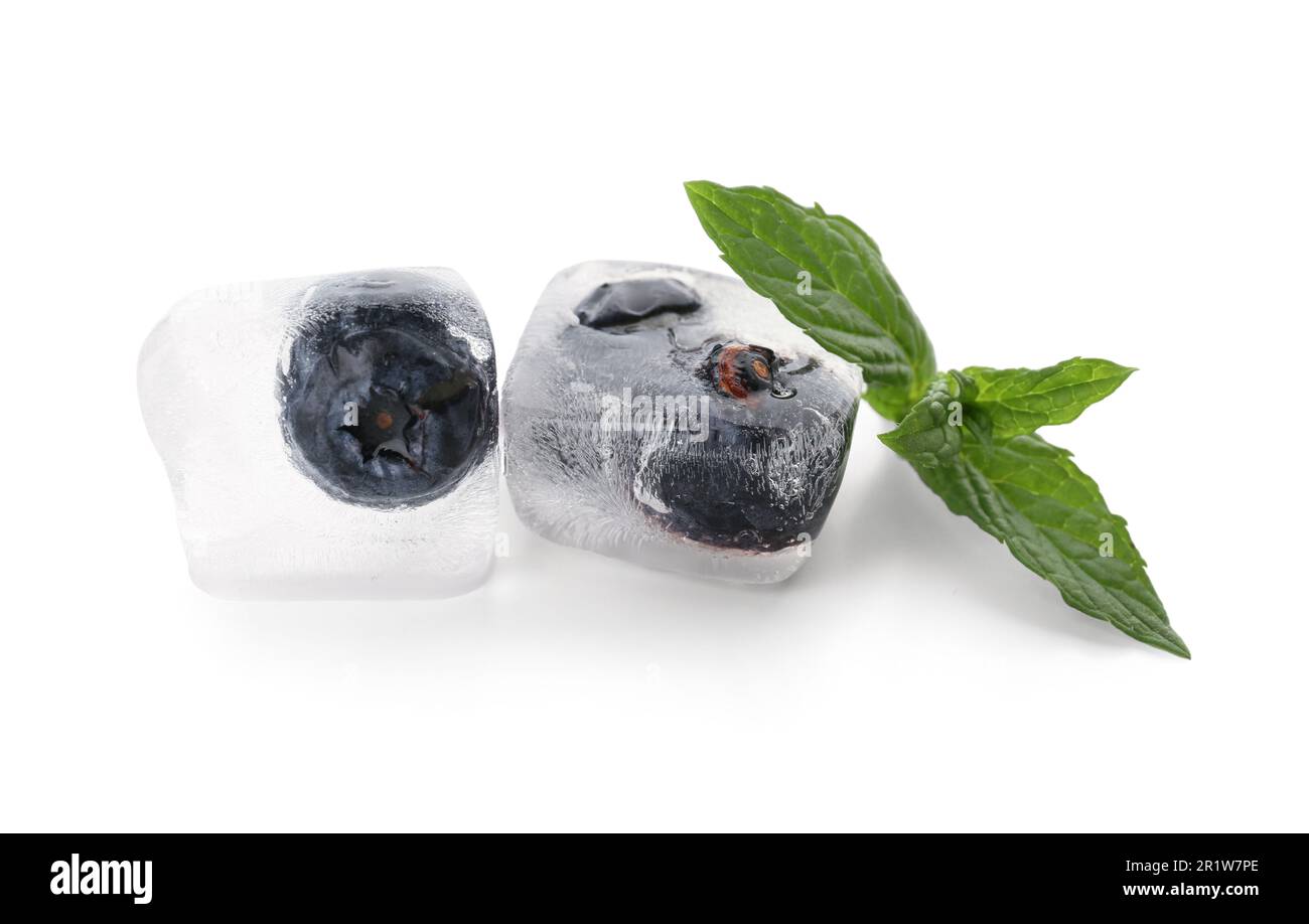 Fresh blueberry frozen in ice cubes and mint on white background Stock ...