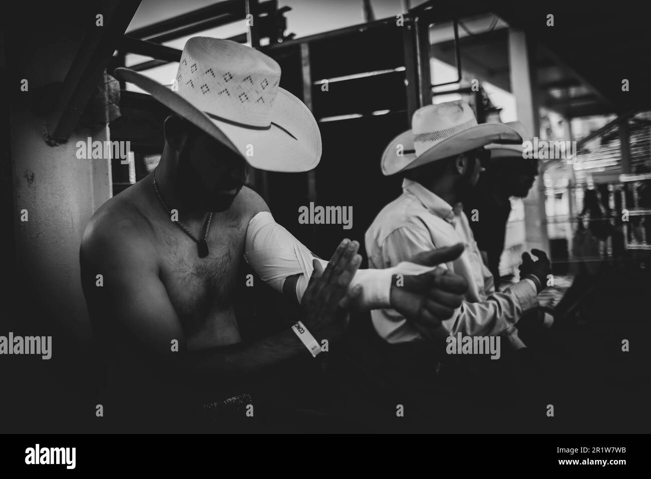 Cowboys, during the rodeo circuit at the Expo Ganadera de Sonora, on ...