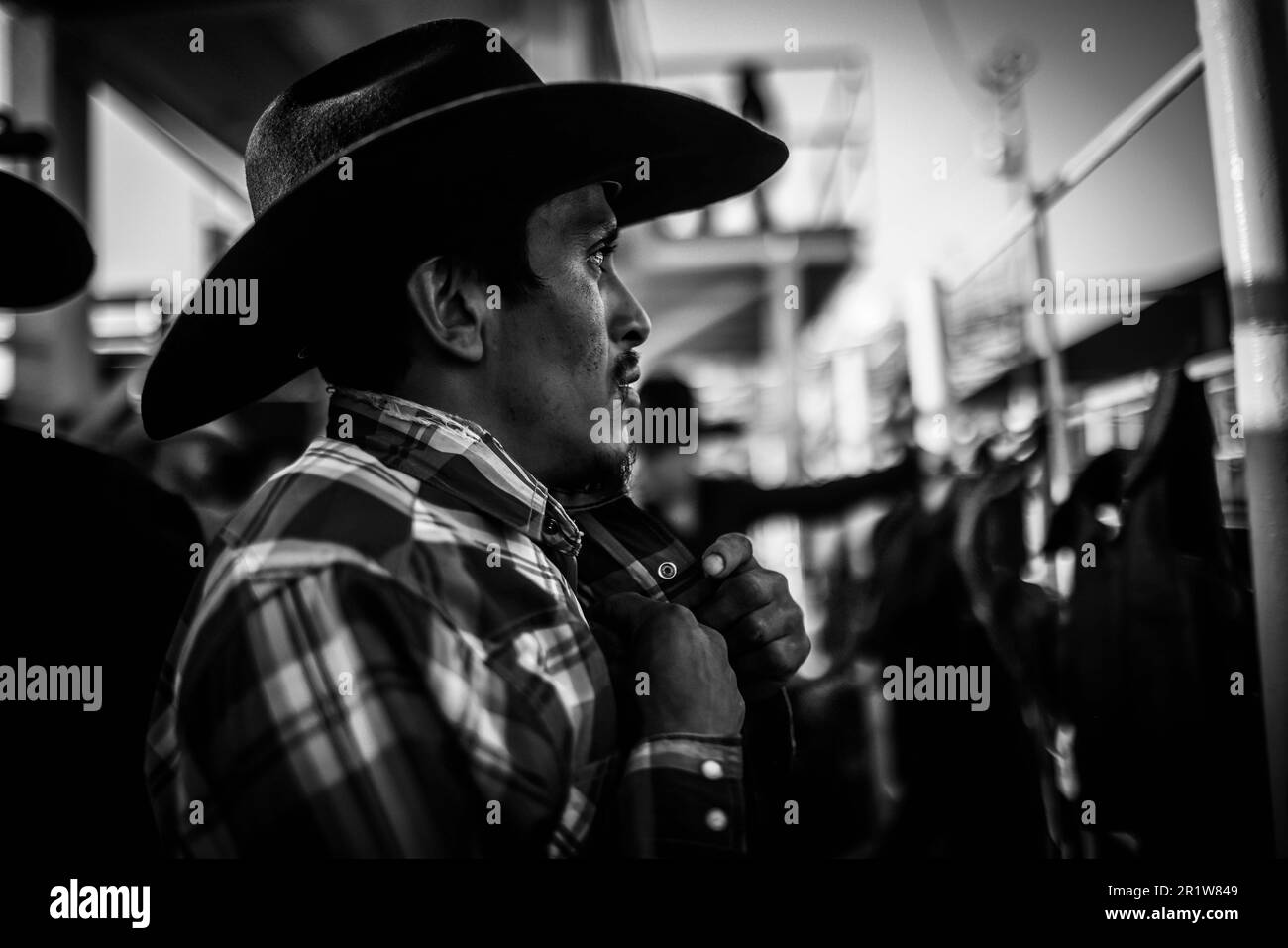 Cowboys, during the rodeo circuit at the Expo Ganadera de Sonora, on ...