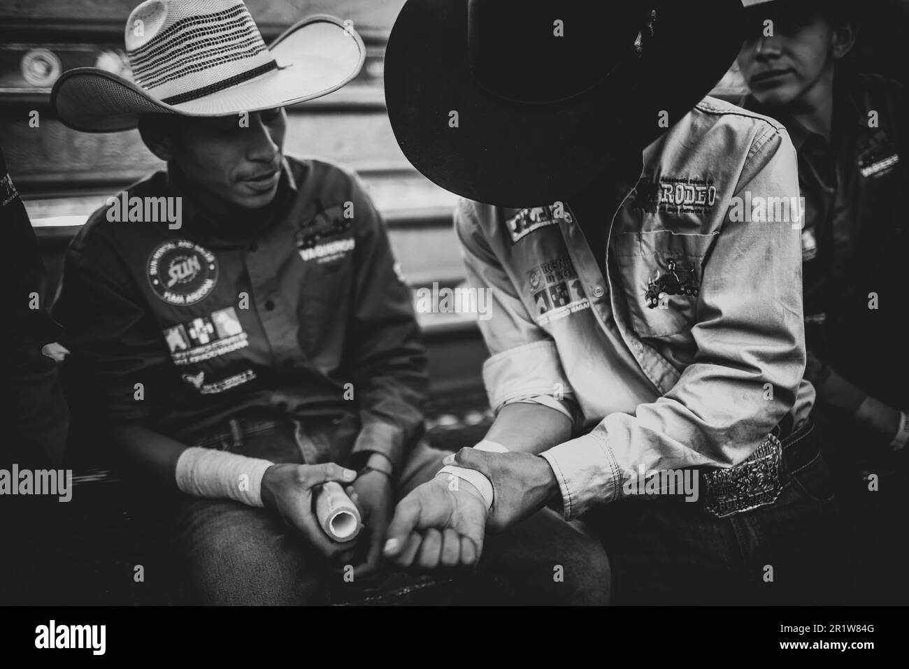 Cowboys, during the rodeo circuit at the Expo Ganadera de Sonora, on ...