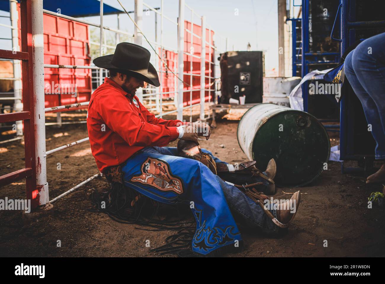 Cowboys, during the rodeo circuit at the Expo Ganadera de Sonora, on ...