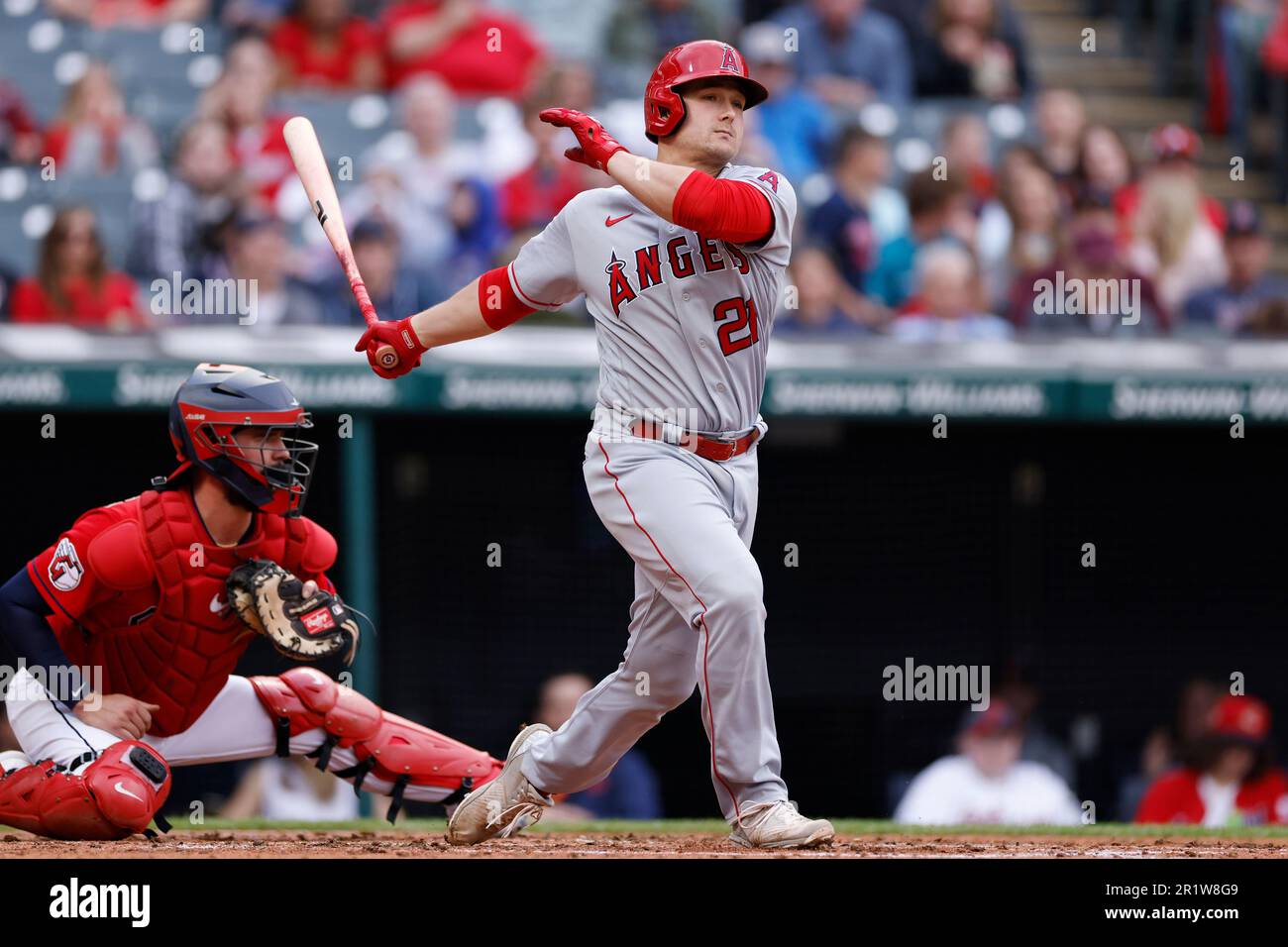 CLEVELAND, OH - Los Angeles Angels catcher Matt Thaiss (21) bats during ...