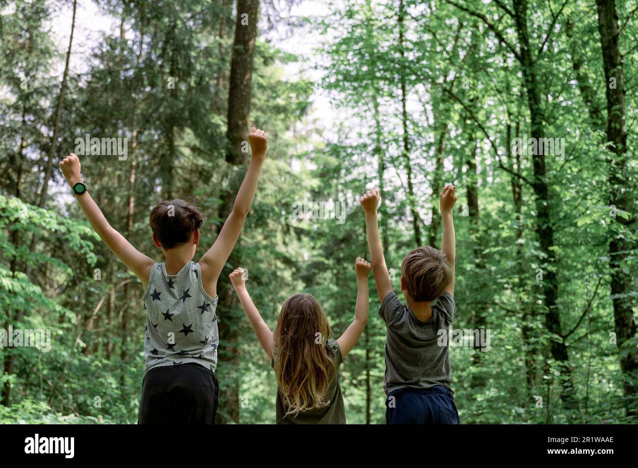 View from behind of three children, siblings, enjoying life standing ...