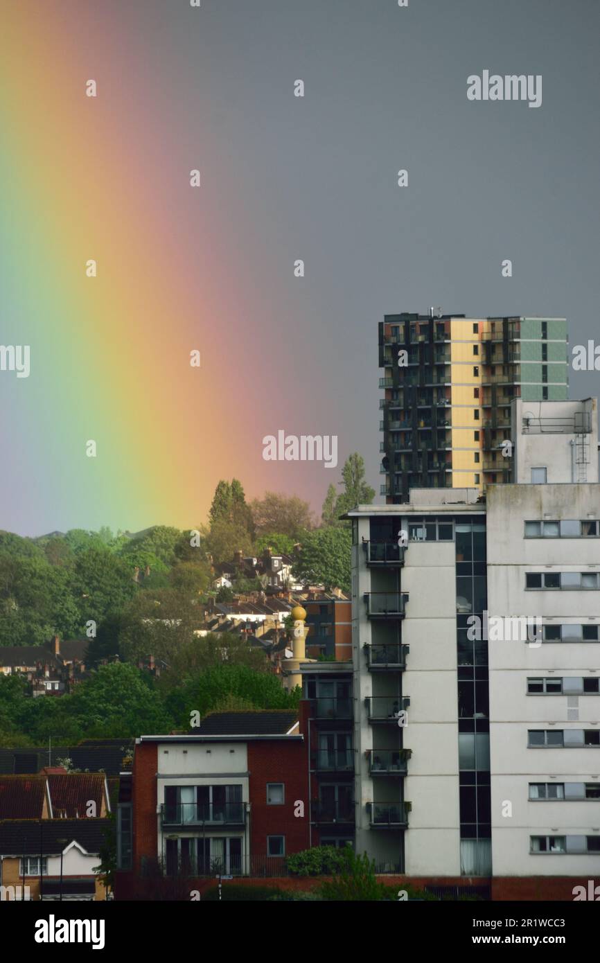 Rainbow and storm clouds over the River Thames in East London Stock ...
