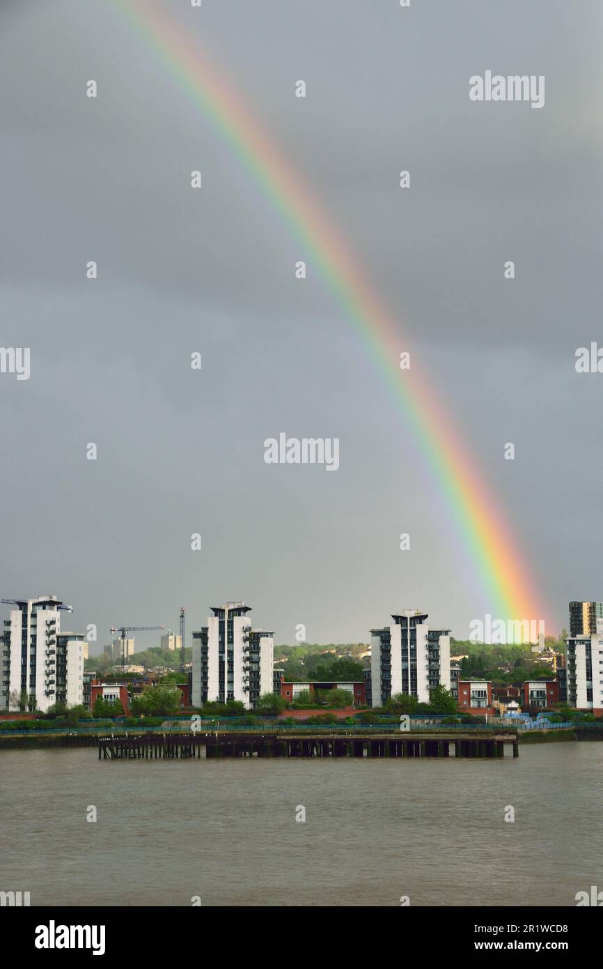 Rainbow and storm clouds over the River Thames in East London Stock ...