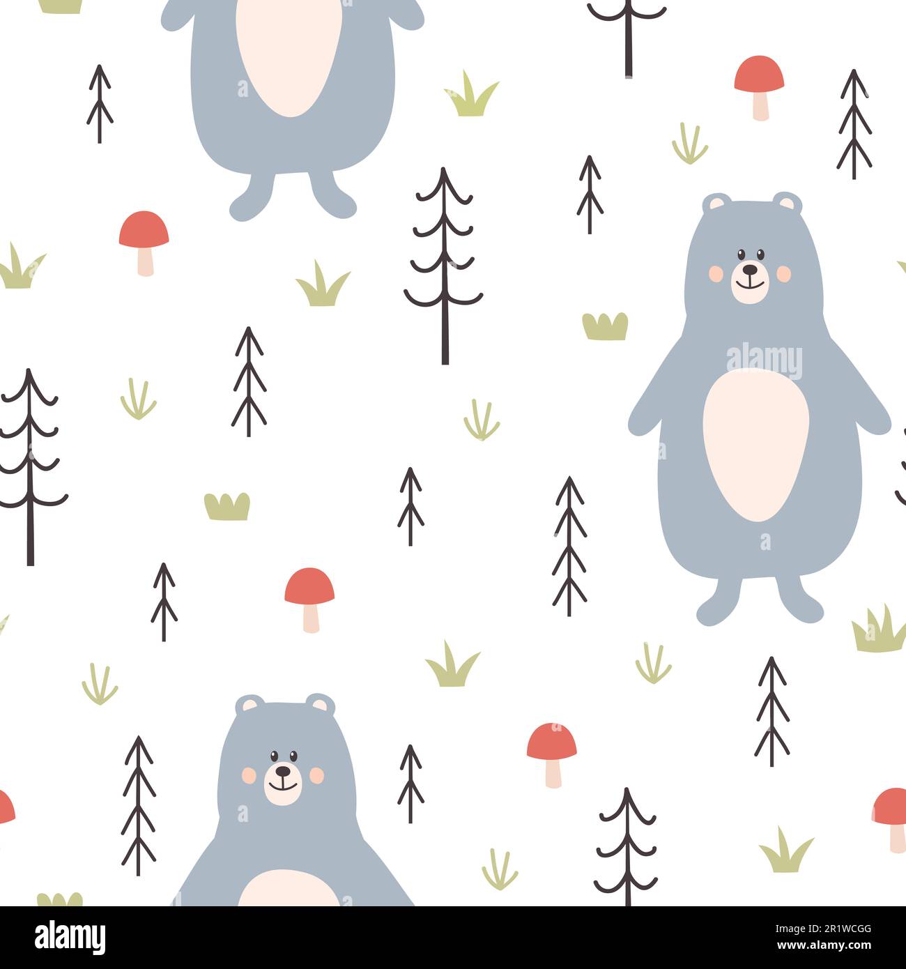 Cute seamless bear pattern. Forest texture with bear, mushrooms and ...