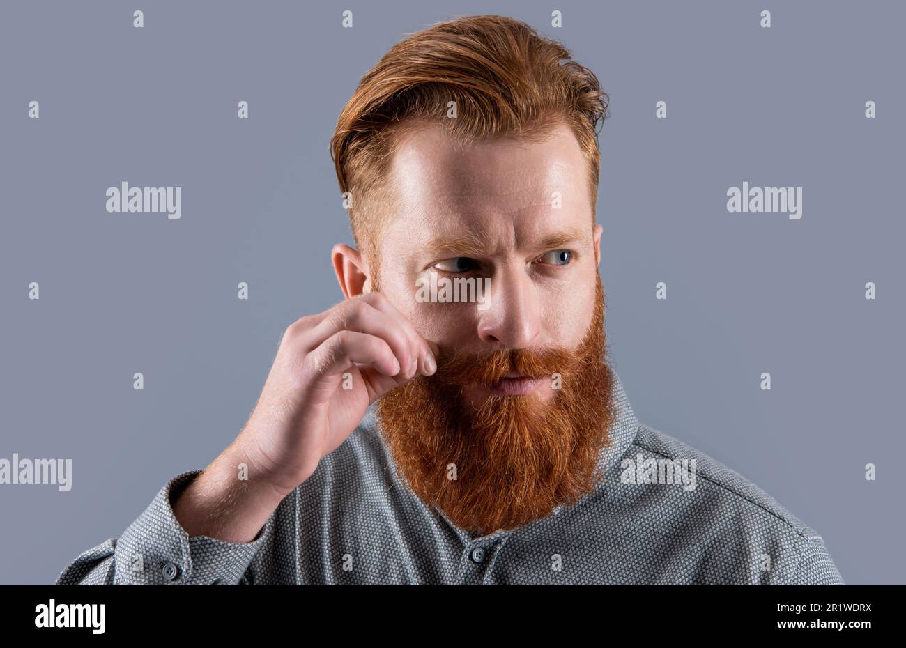 Portrait of Irish man twirling mustache. Bearded man with unshaven face ...