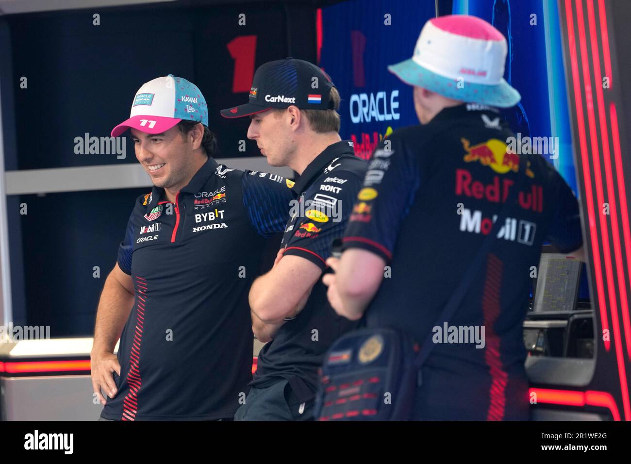 Red Bull drivers Sergio Perez of Mexico, left, and Max Verstappen of ...