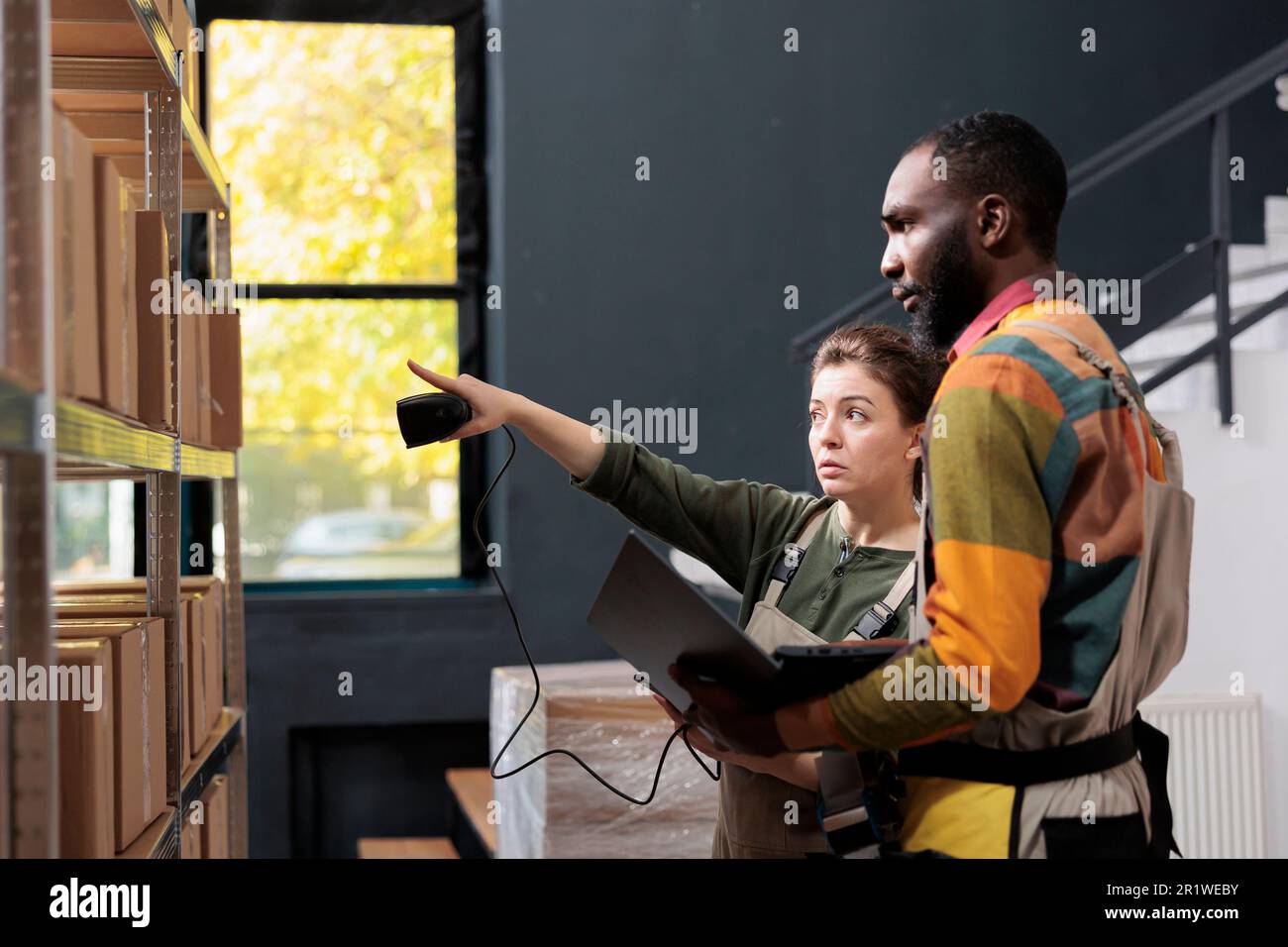 Warehouse team looking at carton boxes scanning barcode Stock Photo - Alamy