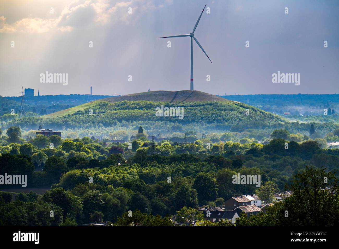 View of the Mottbruch slag heap, wind turbine, Gladbeck NRW, Germany ...