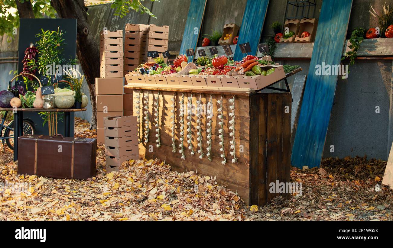 Healthy locally grown fruits and vegetables on farmers market stand ...