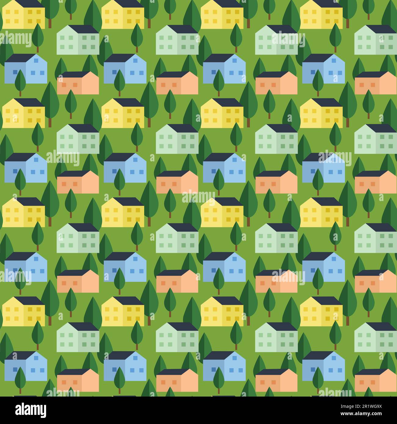 Pattern with urban landscape. Colorful houses and green trees. Flat ...
