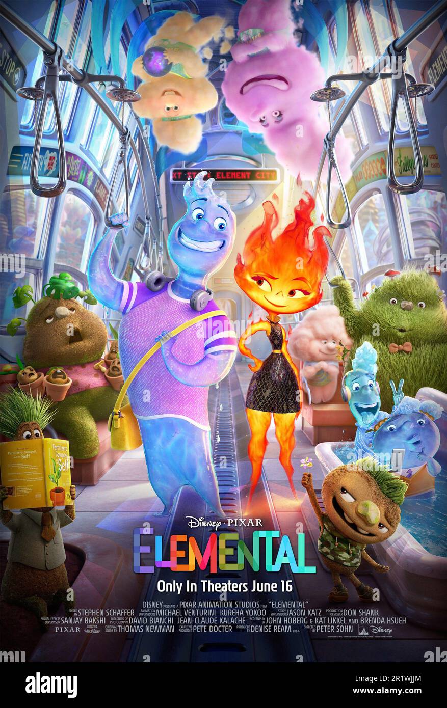 ELEMENTAL, poster, from left: Wade (voice: Mamoudou Athie), Ember (voice: Leah Lewis), 2023 ...
