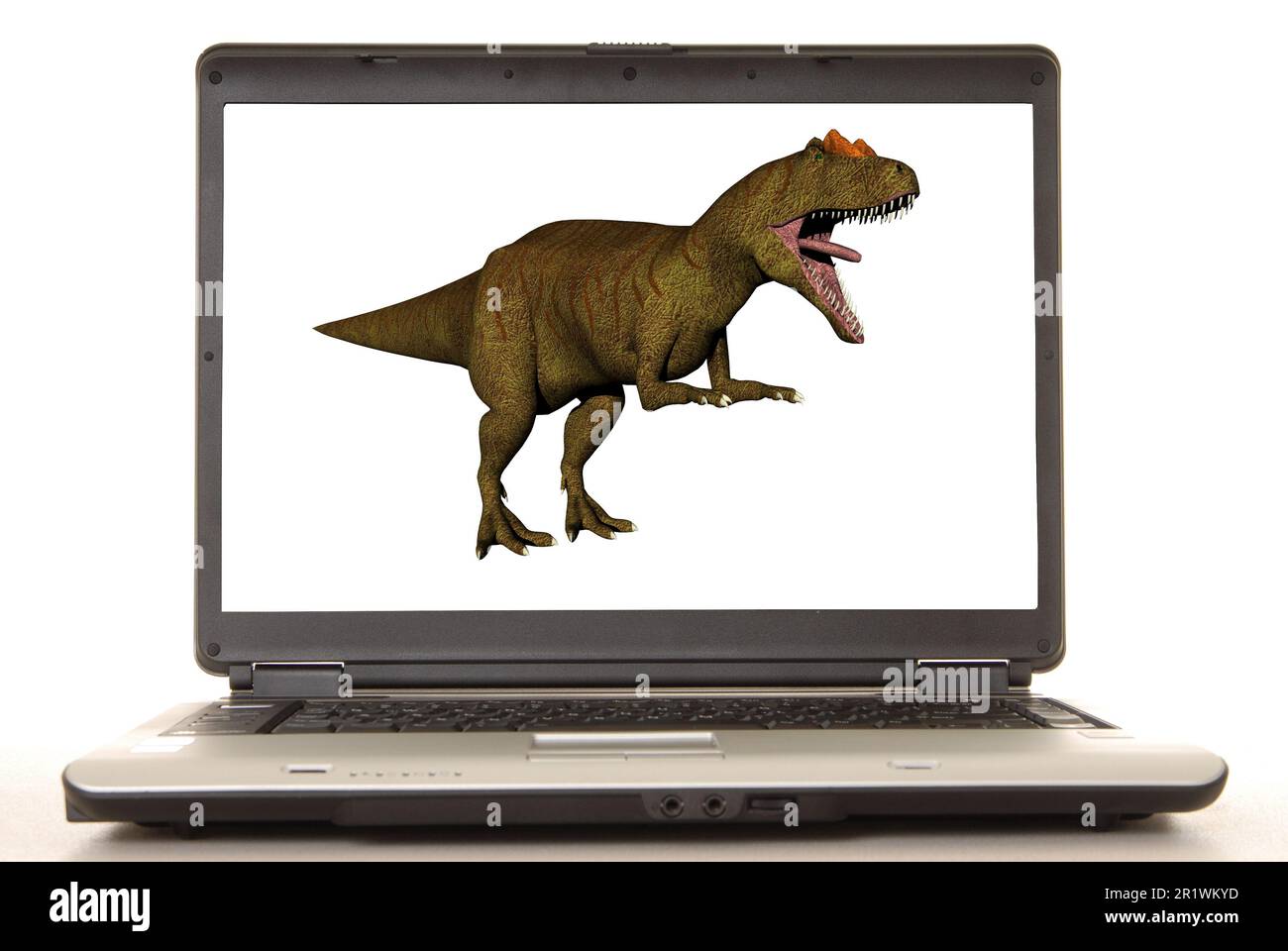 Laptop computer with an illustrated dinosaur on the monitor Stock Photo ...