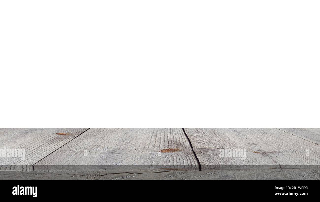 Wood table front view with blank white background for product display ...