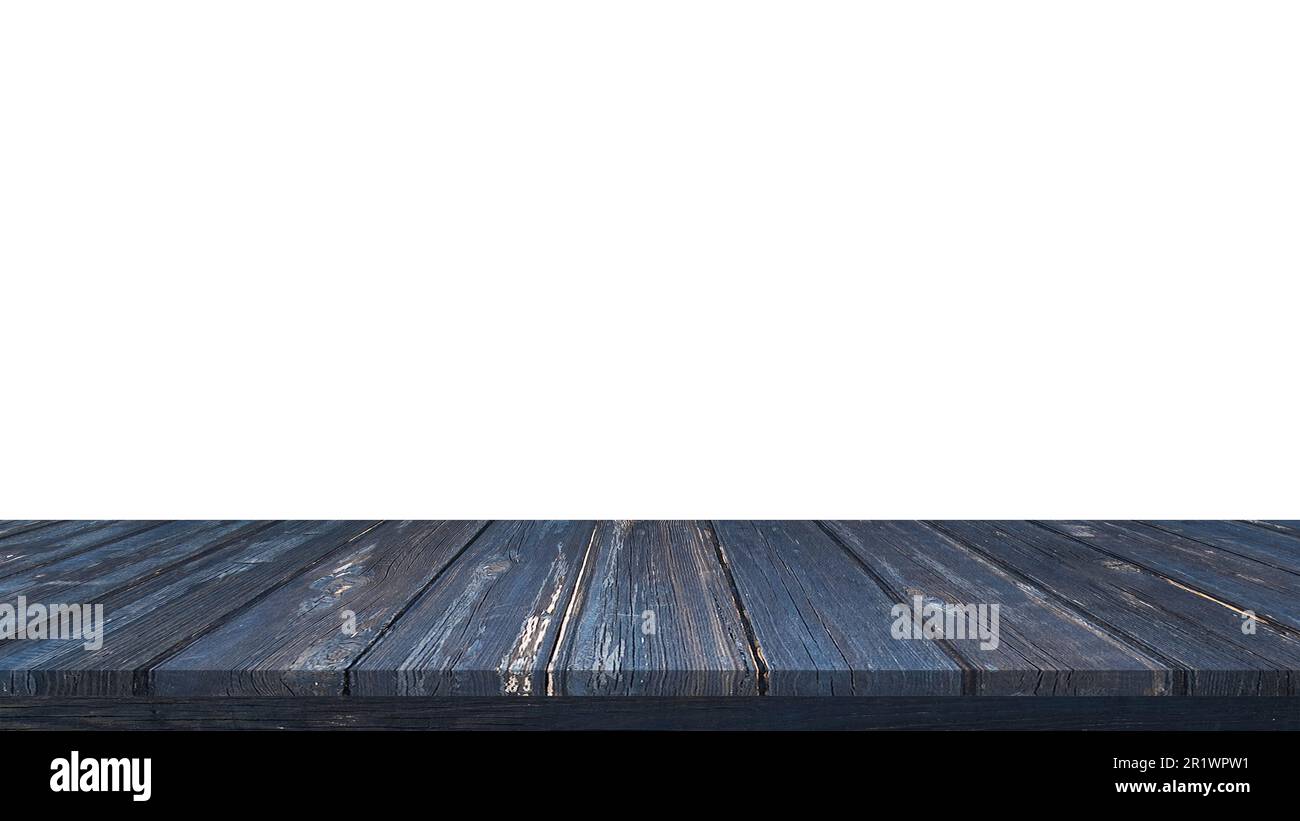 Wood table front view with blank white background for product display ...