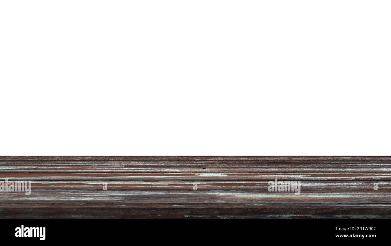 Wood table front view with blank white background for product display ...