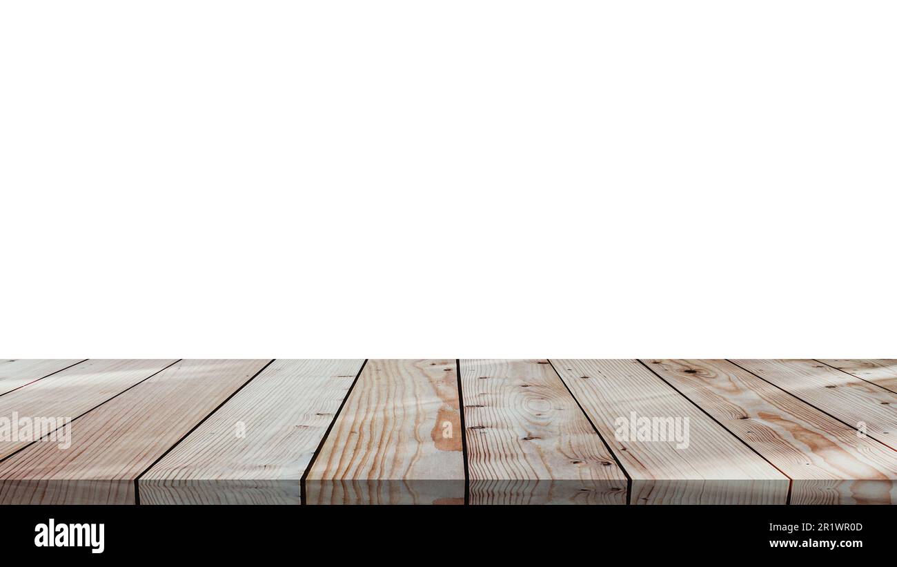 Wood table front view with blank white background for product display ...