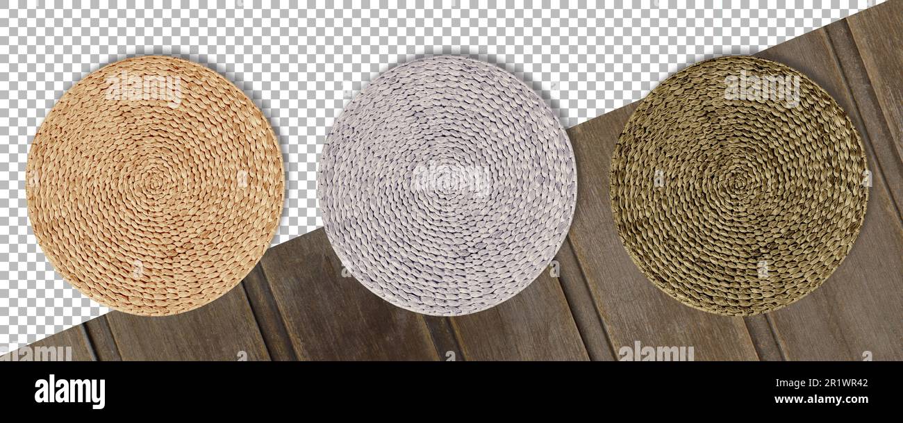 Set colored Round woven straw mats isolated against transparent ...