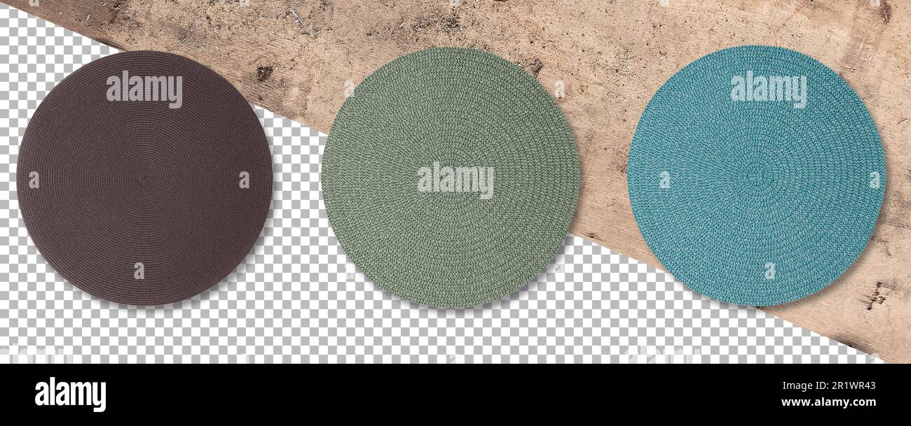 Set colored Round woven straw mats isolated against transparent ...