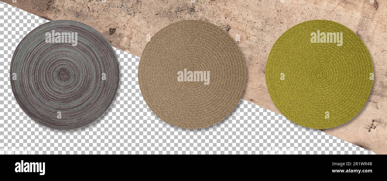Set colored Round woven straw mats isolated against transparent ...