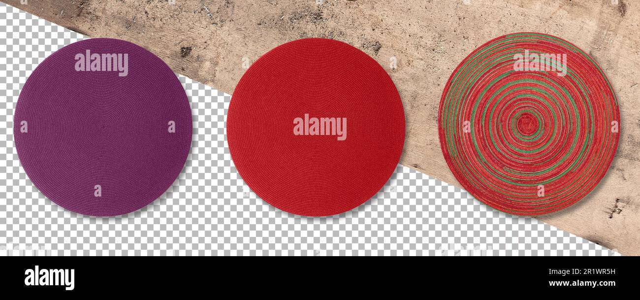 Set colored Round woven straw mats isolated against transparent ...