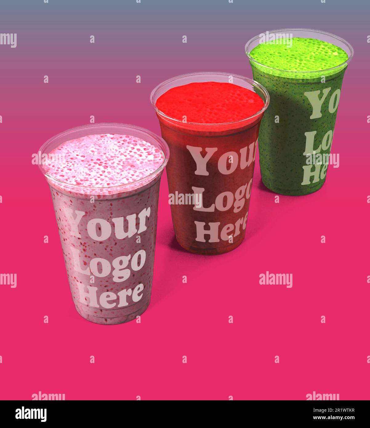 Three plastic cups mockup with various fruits juice Stock Photo - Alamy