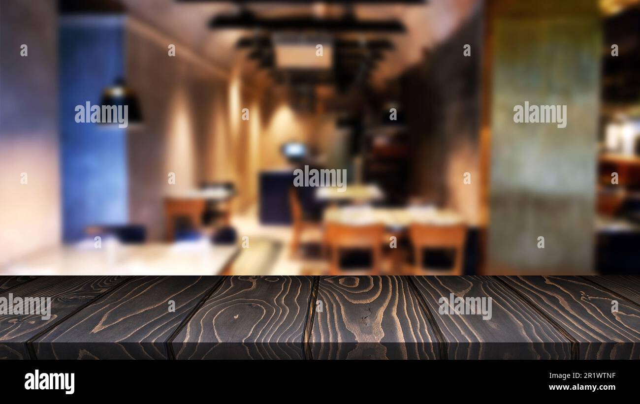 Simple wooden table for display items with blurry cafe view Stock Photo ...