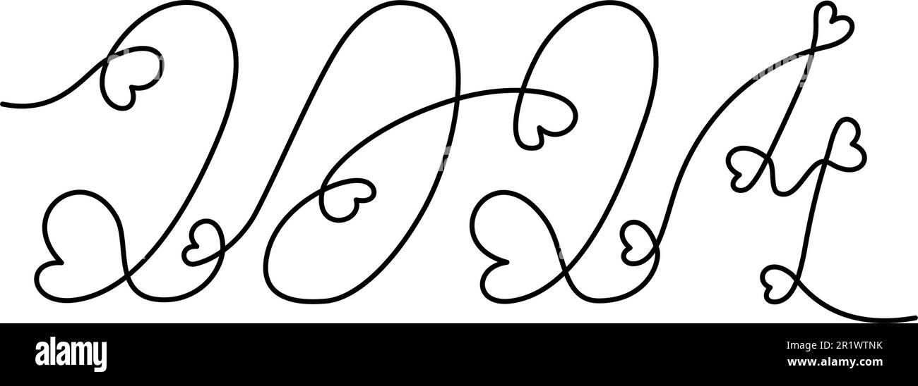 2024 Handwritten lettering in one solid line with hearts. Happy New ...