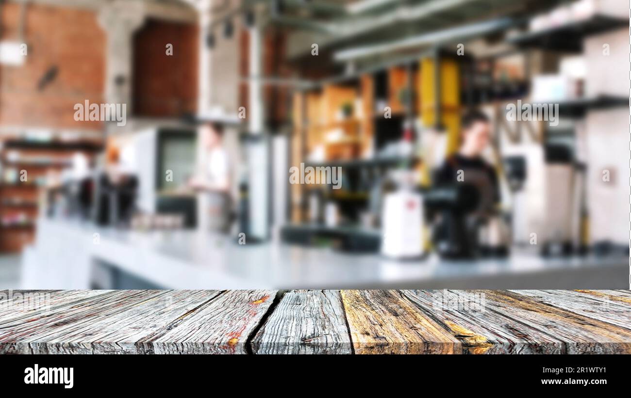Simple wooden table for display items with blurry cafe view Stock Photo ...