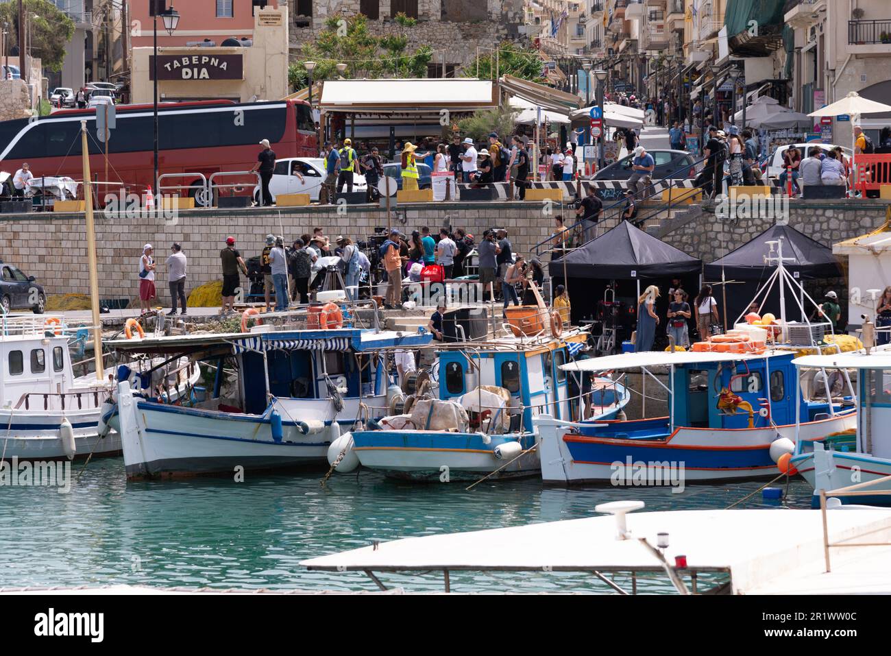 HERAKLION, CRETE, GREECE, MAY 15, 2023. Film cast and set crew filming ...