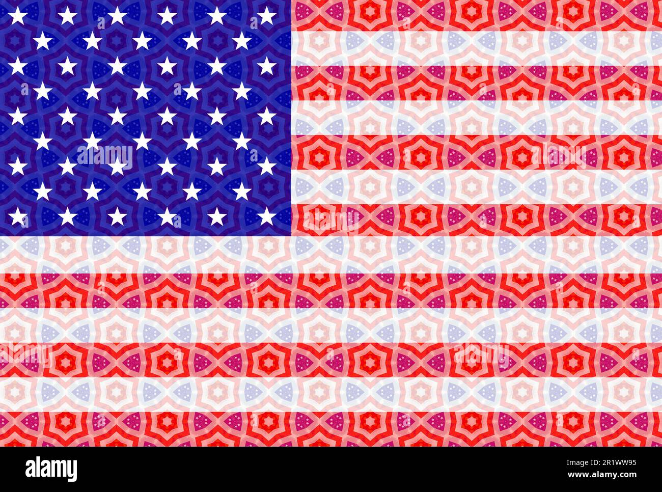 Patriotic translucent American Flag overlaid red white and blue pattern ...