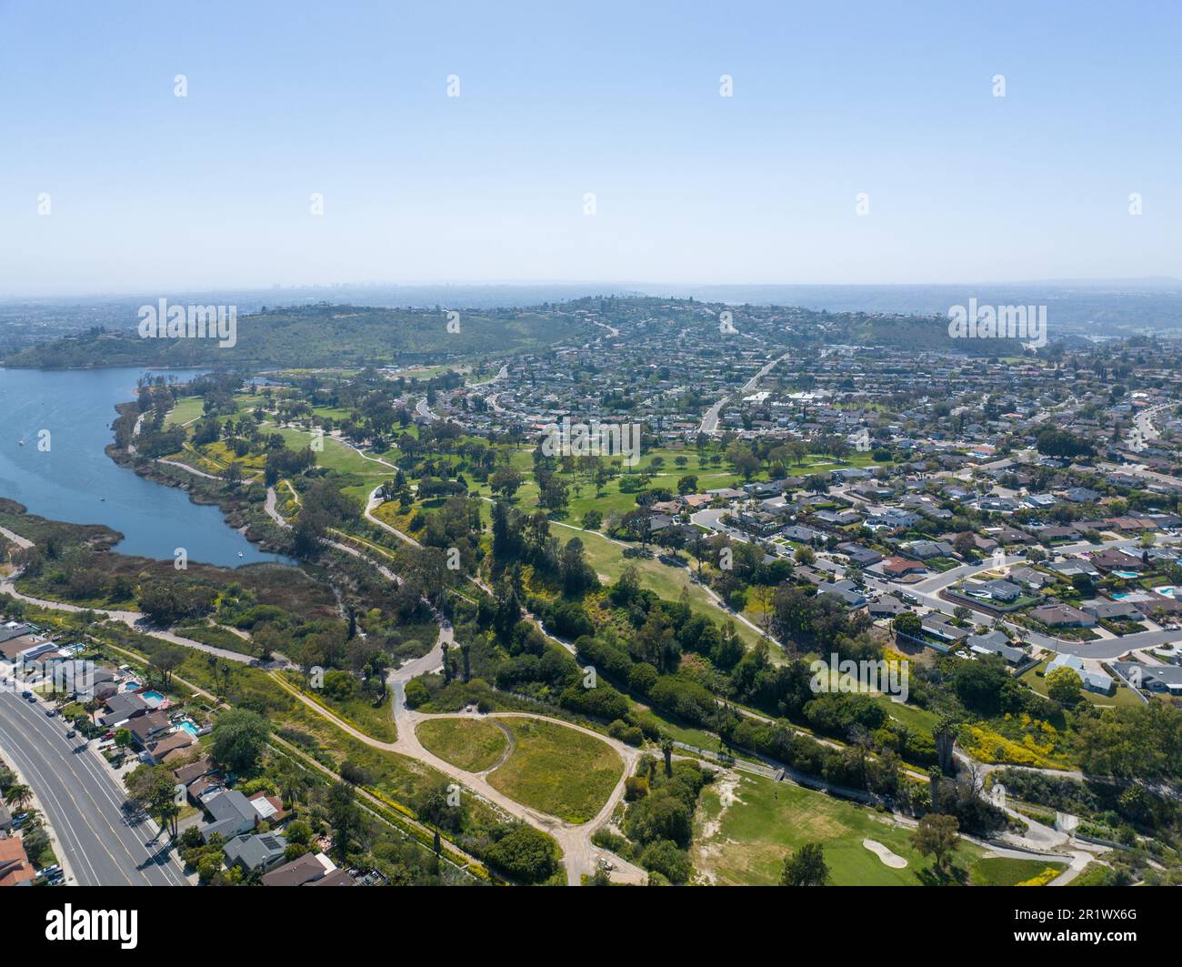 Aerial view of house around Lake Murray reservoir in San Diego ...