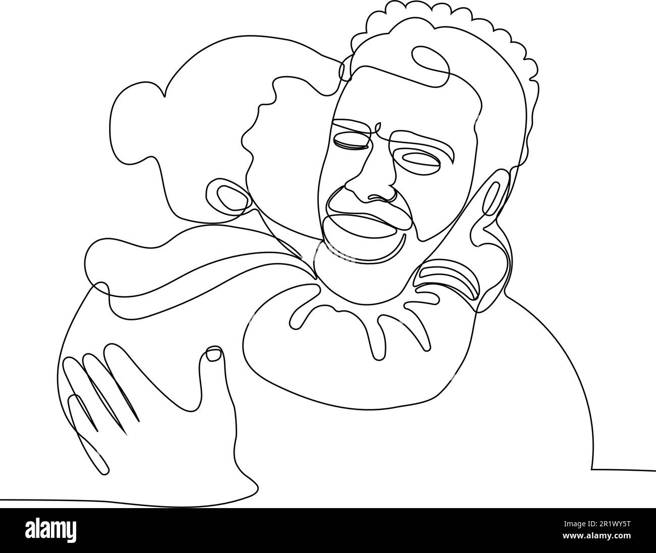Hugs of a father with a child. One continuous line drawing banner ...