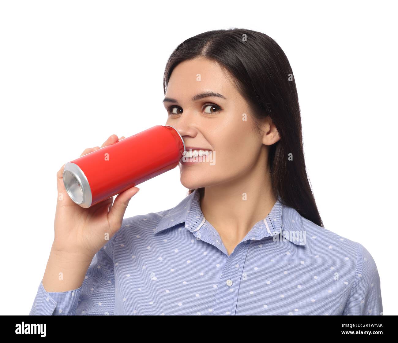 Beautiful young woman drinking from tin can on white background Stock ...