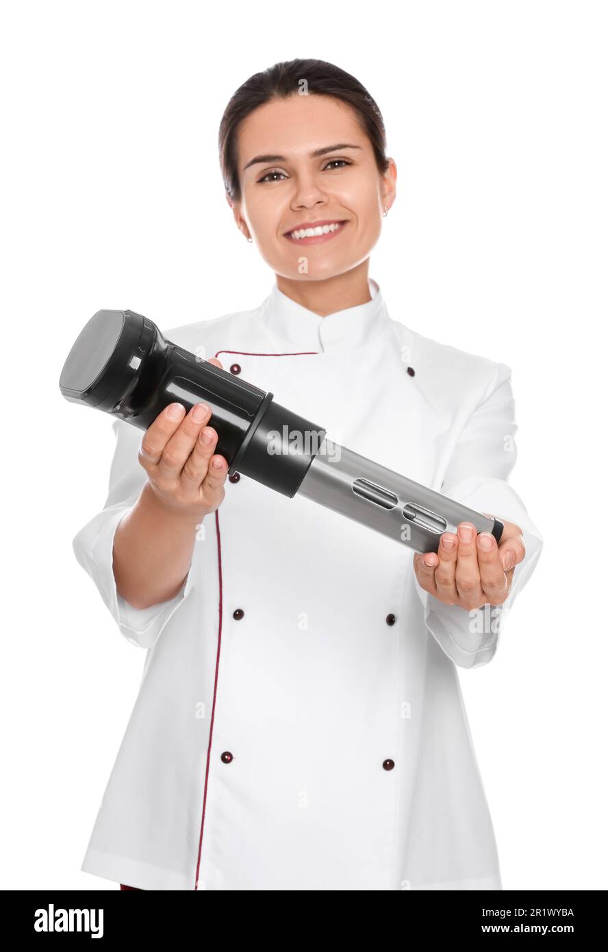 Chef holding sous vide cooker on white background Stock Photo - Alamy
