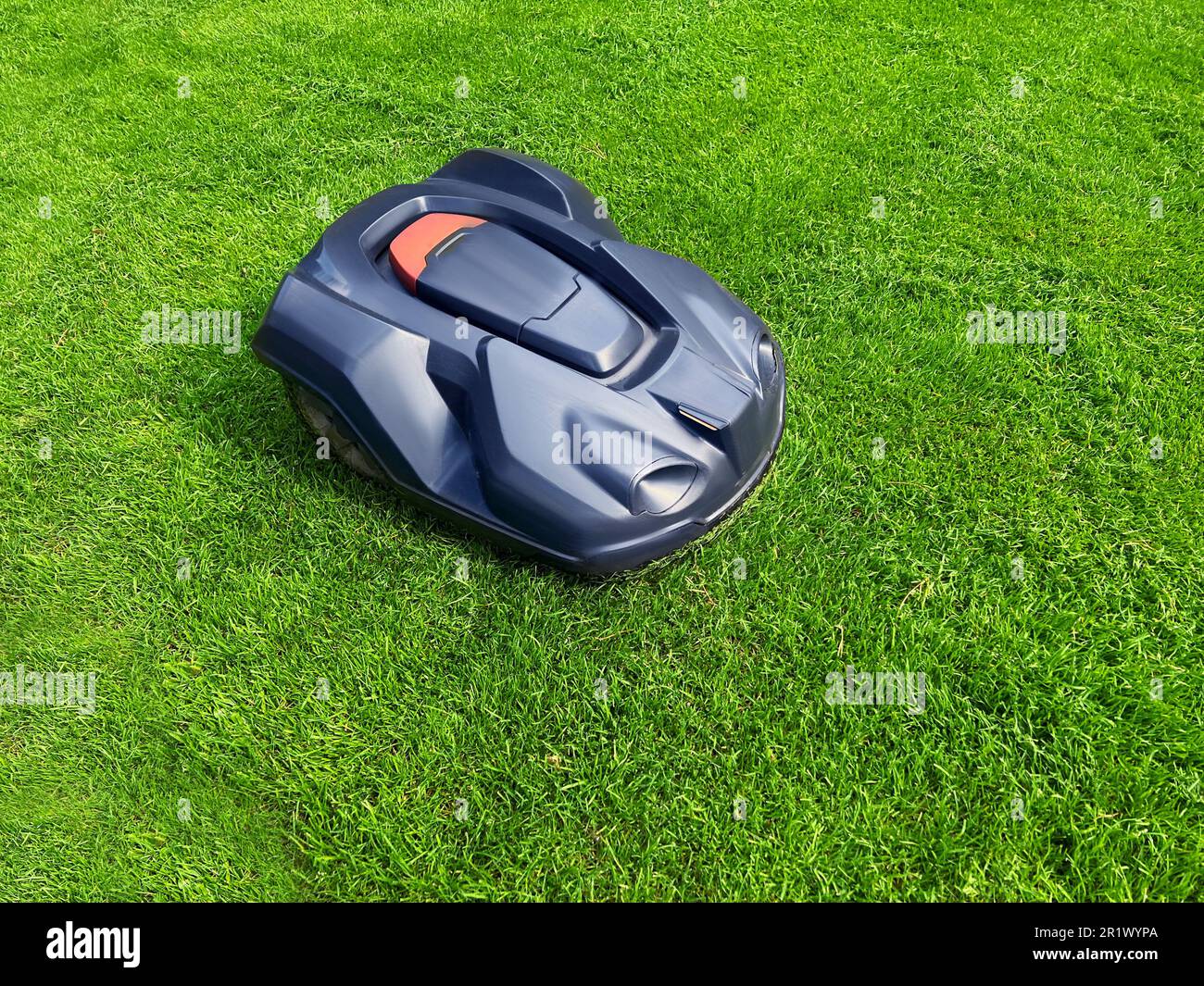 Modern robot lawn mower on green grass in garden Stock Photo - Alamy
