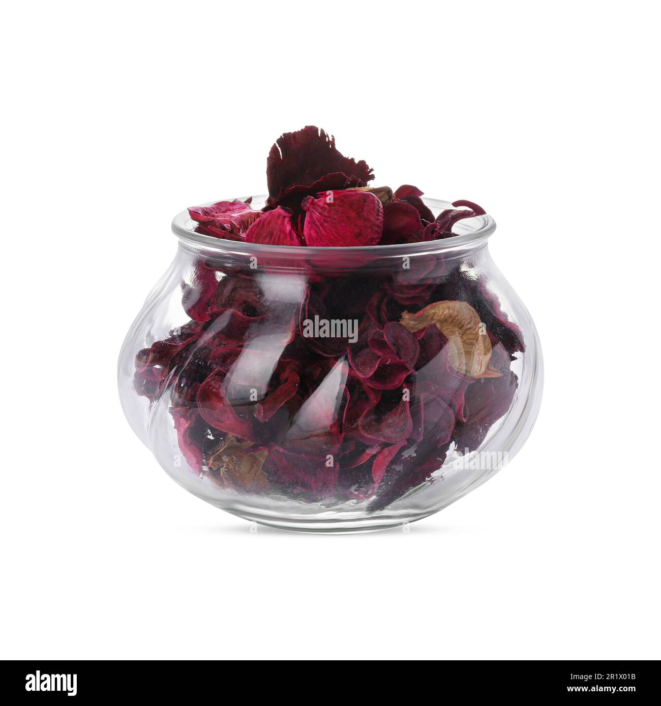 Scented potpourri of dried flowers in glass jar isolated on white Stock ...