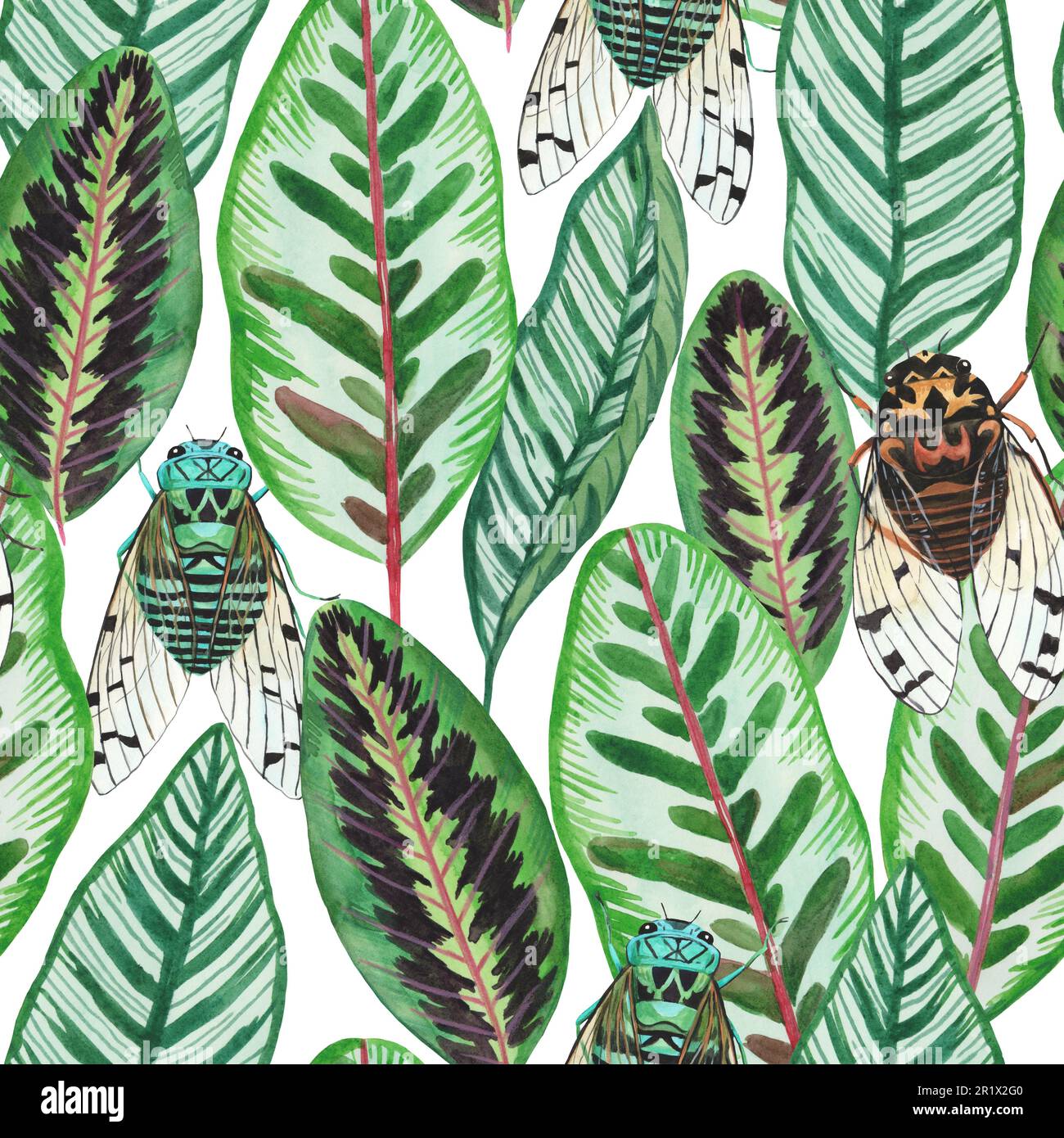 Watercolor seamless pattern with exotic tropical leaves and colorful ...