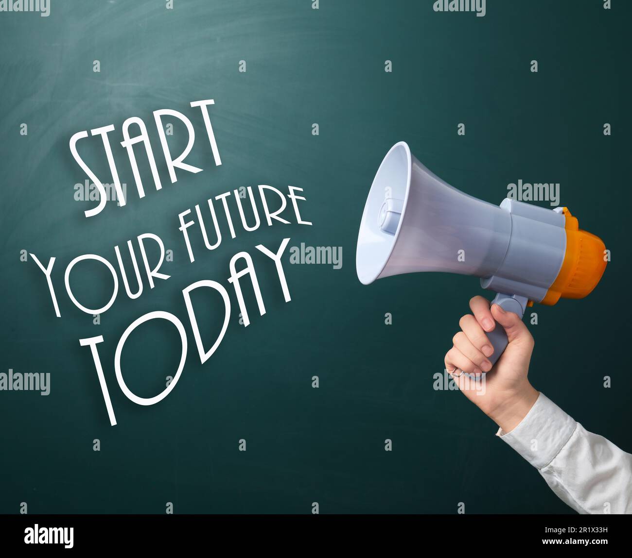 Woman holding megaphone and phrase Start Your Future Today on green ...