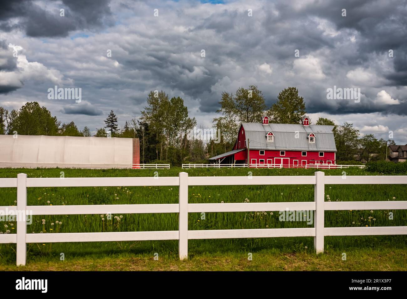 Agriculture Landscape With Old Red Barn in overcast day. Countryside ...