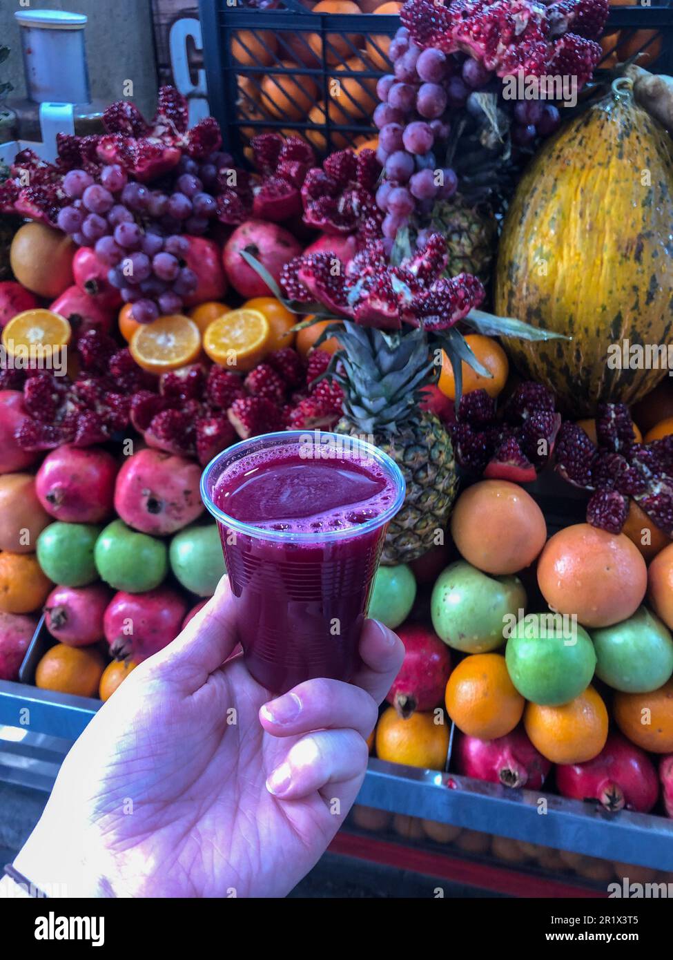 Fruit and vegetable stands on display in the middle of Istanbul Markets ...